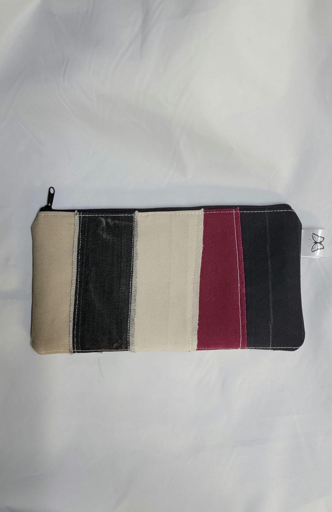 Upcycled Denim Zipper Pouch: Khaki Burgundy Travel Storage Black Sides ...