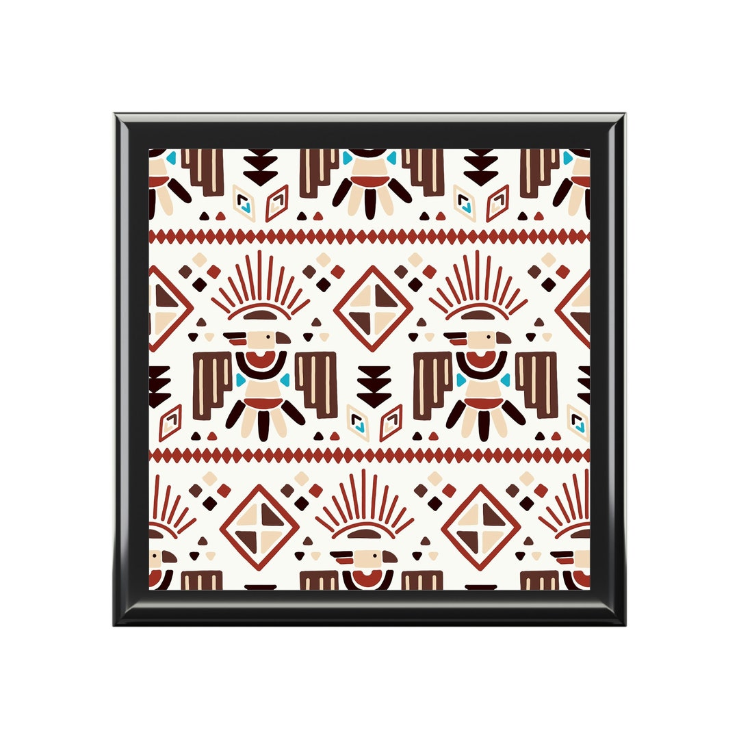 South Western Native Tribal Felt Lined Ceramic-top Trinket Box Jewelry ...