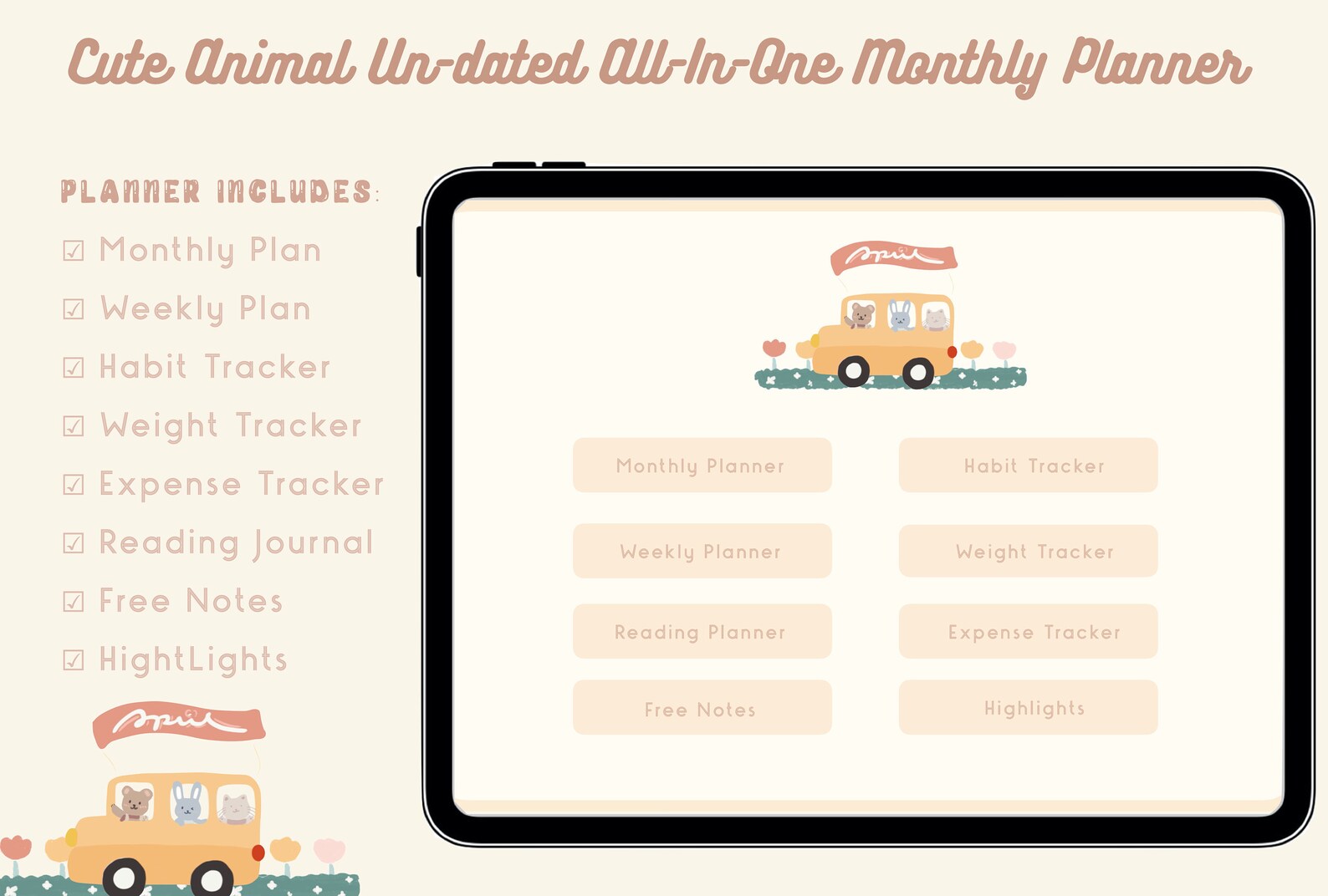 Cute Animal Undated All-in-one Hyperlinked Monthly Planner - Etsy