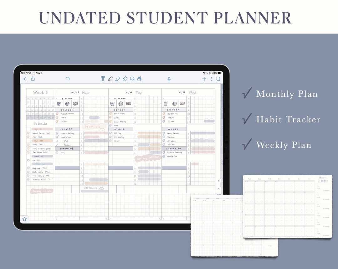 Undated Student Productivity Planner, iPad Planner, Digital Planner for ...