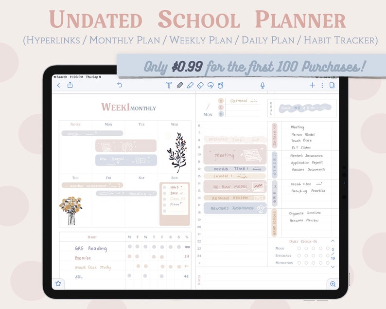 Hyperlinked Digital Planner Undated School Planner With - Etsy