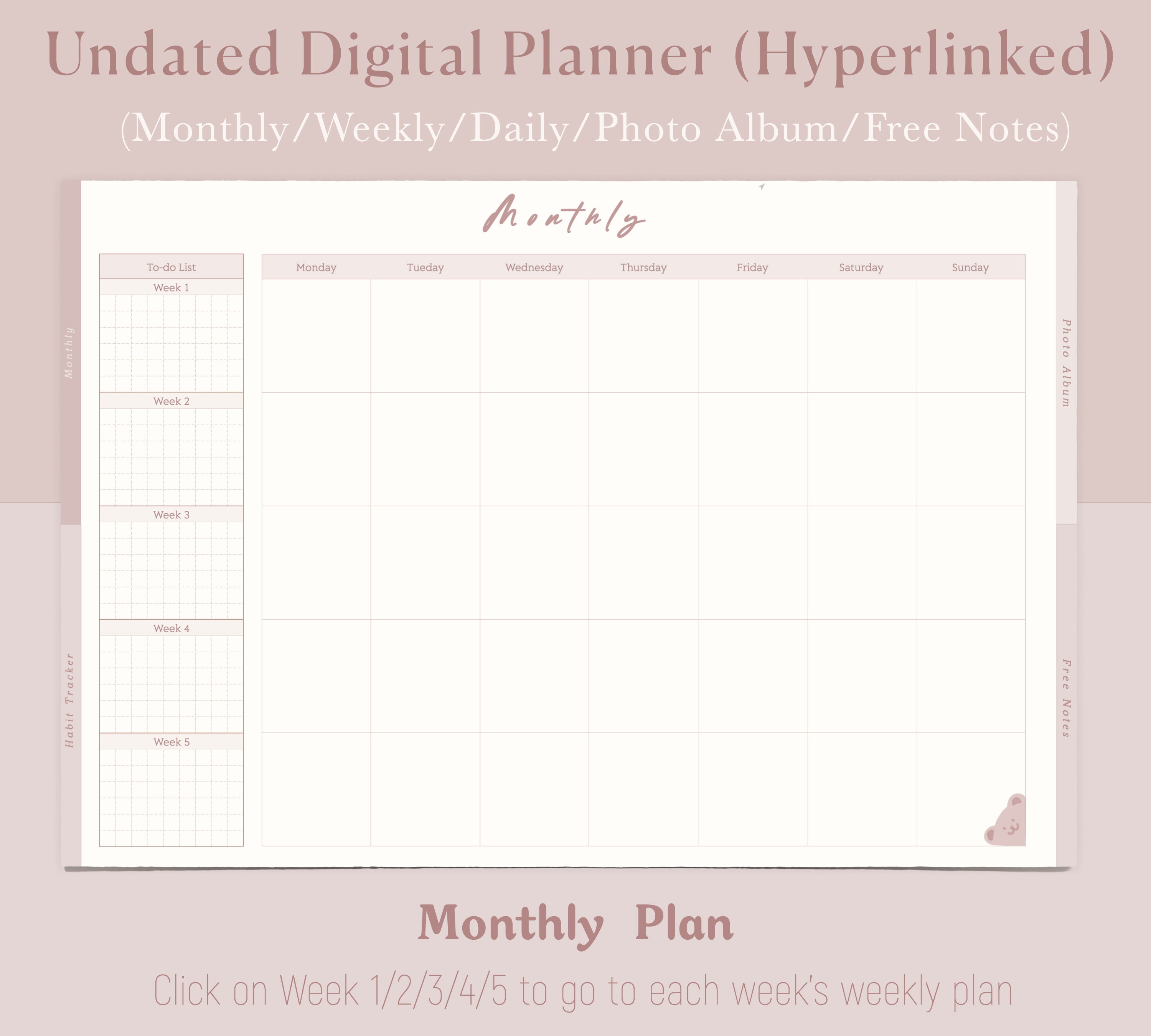 Rosy Bear Undated Cute Digital Planner, Goodnotes Planner, Monthly ...