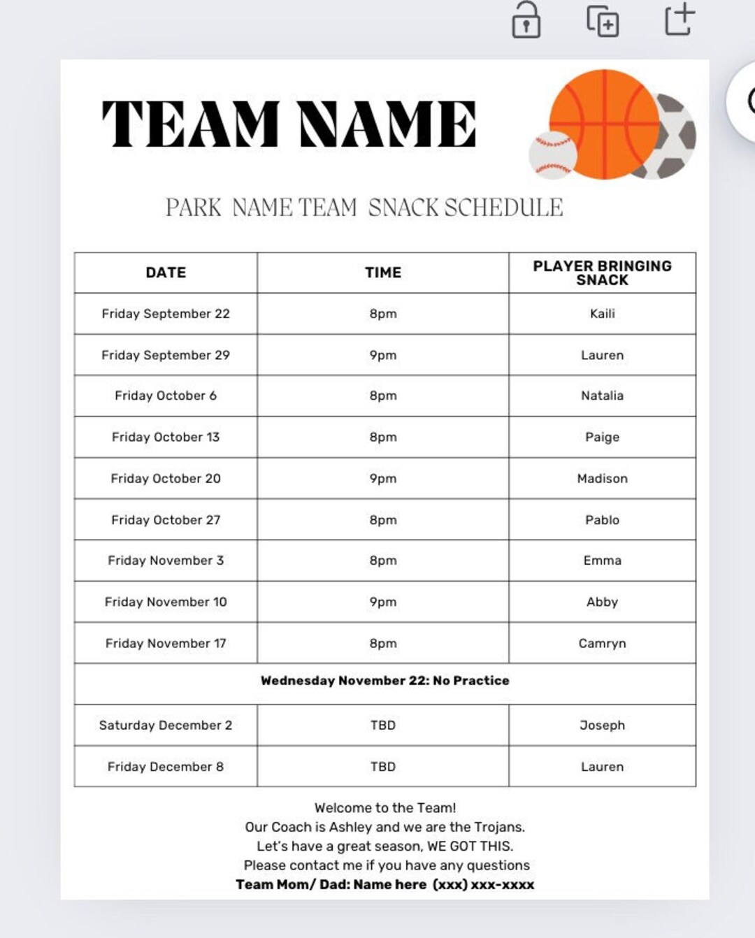 Editable Kids Snack Team Schedule! - Etsy