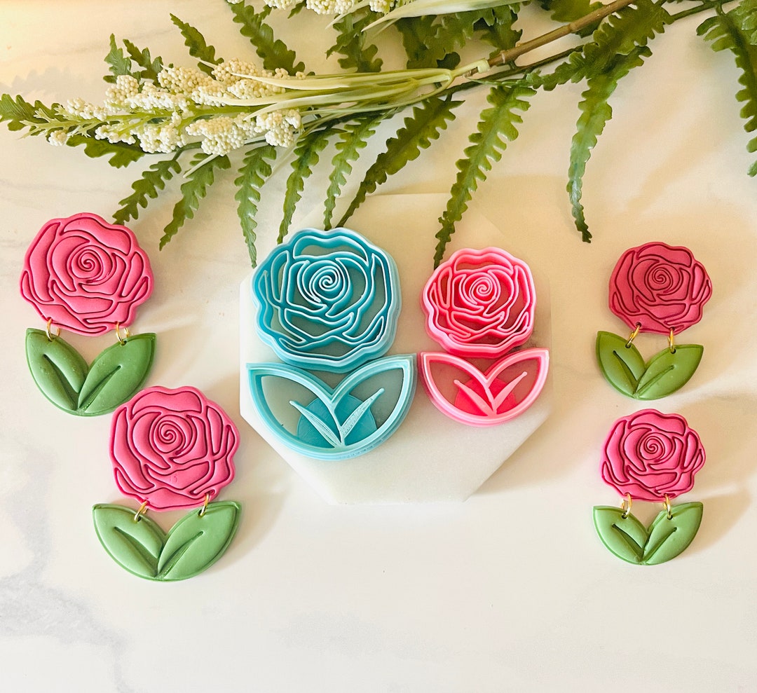 Embossed Rose and Leaves Clay Cutter Set: Floral Polymer Clay Mold - Etsy