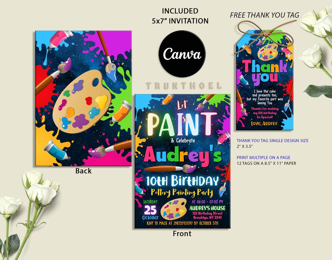 Rainbow Pottery Painting Birthday Invitation, Neon Party Invite, Neon ...