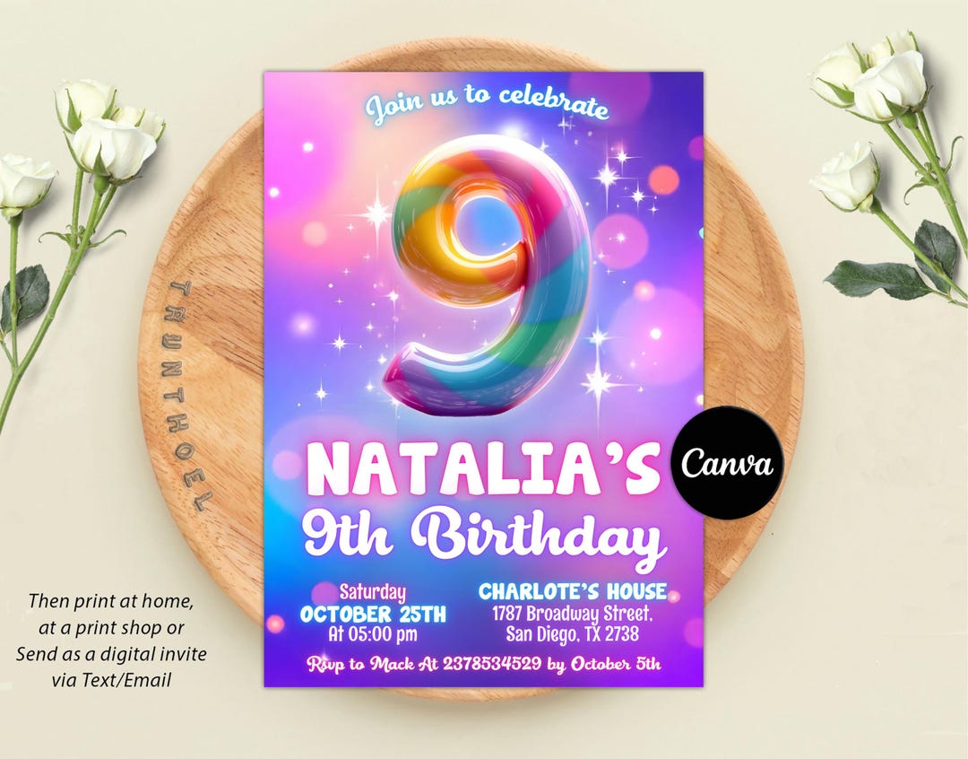 Pink 9th Birthday Invitation, Girl Ninth Party Invitation, Rainbow ...