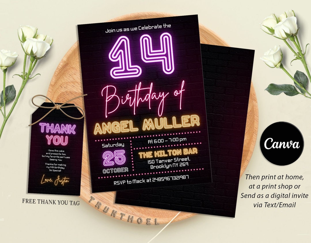 14th Birthday Invitation, Neon Birthday Invitaion, Printable Invitation ...