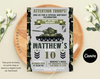Army Birthday Invitation, Military Party Invitations, Soldier Birthday ...