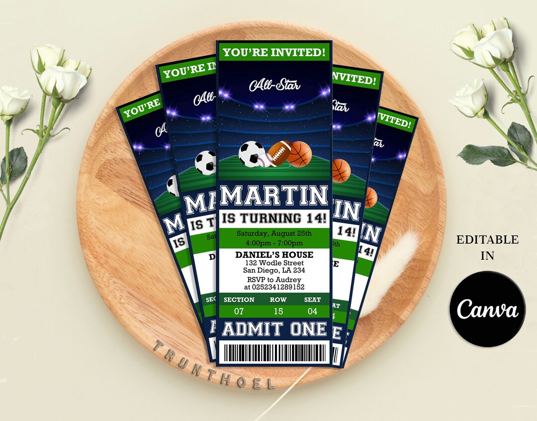 Editable Sports Ticket Invitation, Sports Birthday Invitation, All Star ...