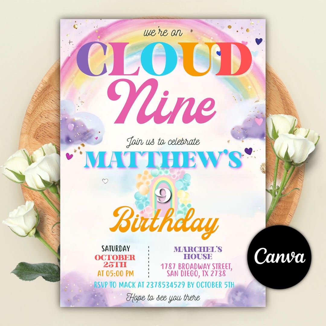 Invitación de cumpleaños editable Cloud 9, invitación de cumpleaños ...