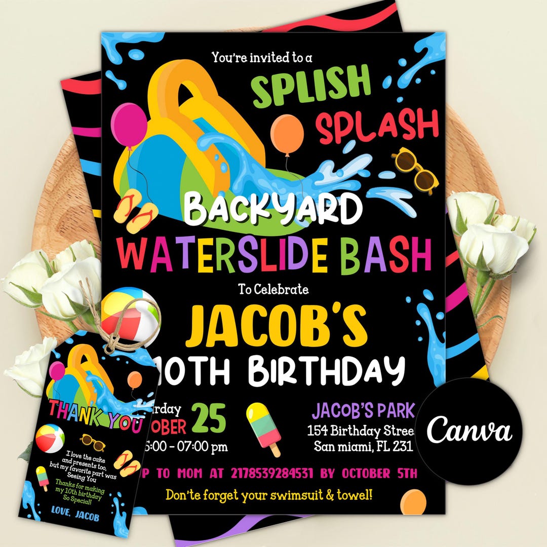 Water Slide Birthday Invitation, Splish Splash Party (editable Canva ...