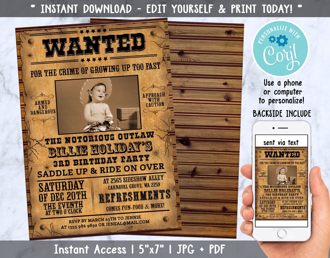 Editable Wanted Poster Invitation, Cowboy Birthday Invitation, Cowboy ...