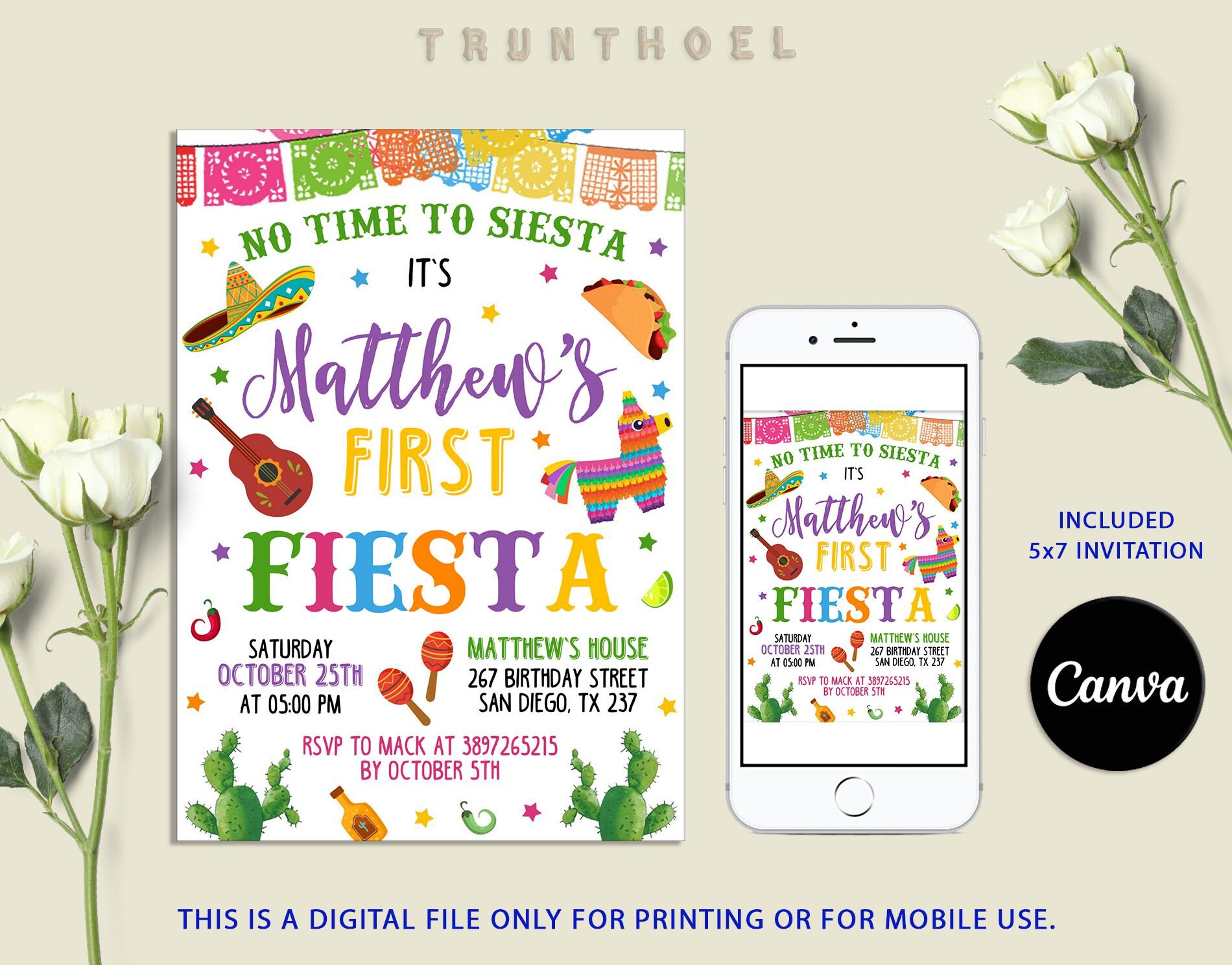 Editable First Fiesta Invitation, Mexican Theme (canva Template) - Etsy