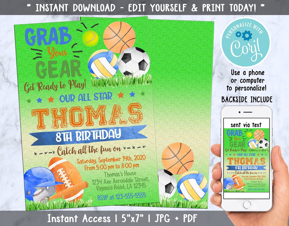 Sports Birthday Invitation Sports Invitation Sports Editable - Etsy