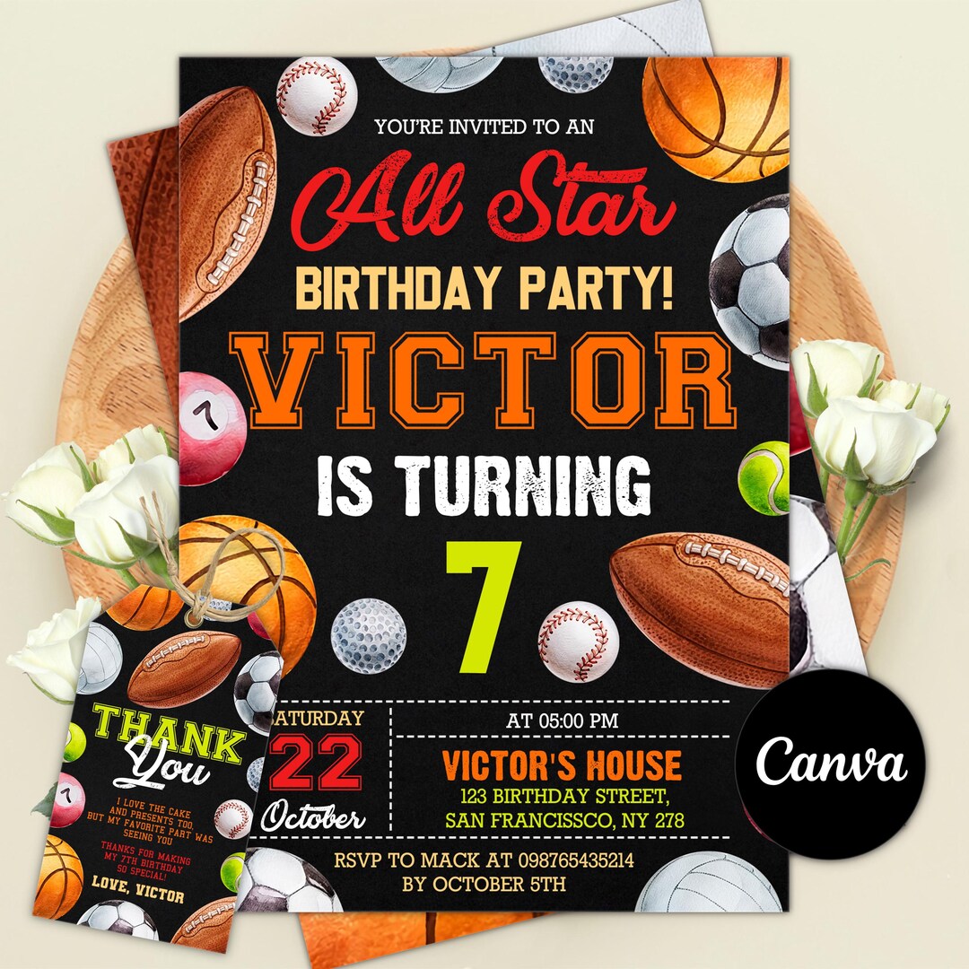 Editable All Star Birthday Invitation, Sports Birthday Party Theme ...