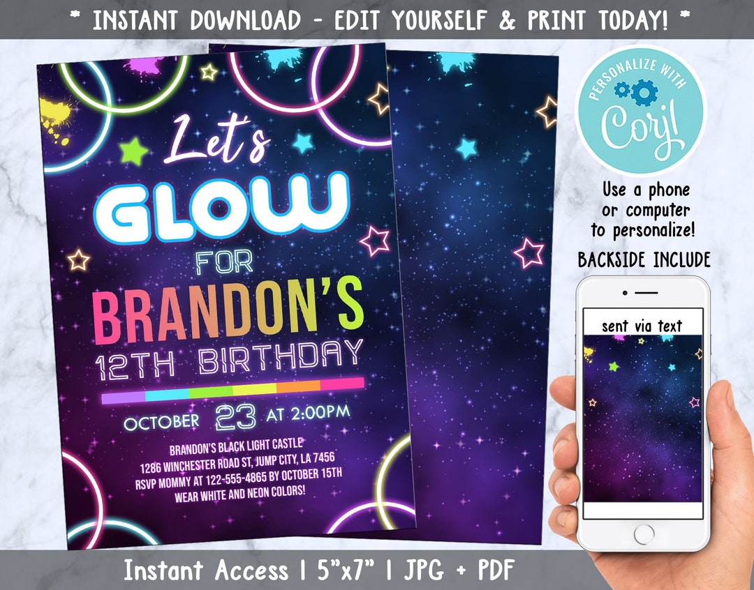 Glow Invitation Glow Birthday Invitation Printable Neon Glow - Etsy
