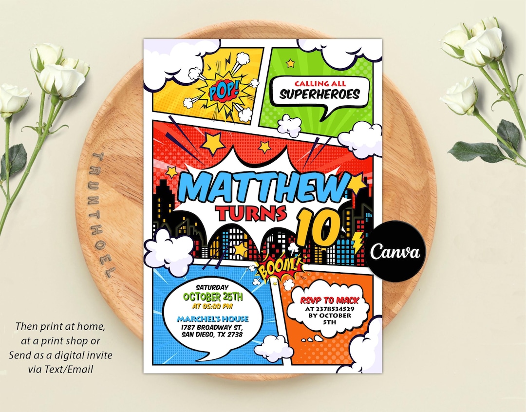 Editable Superhero Birthday Invitation, Comic Book Birthday Invitation ...