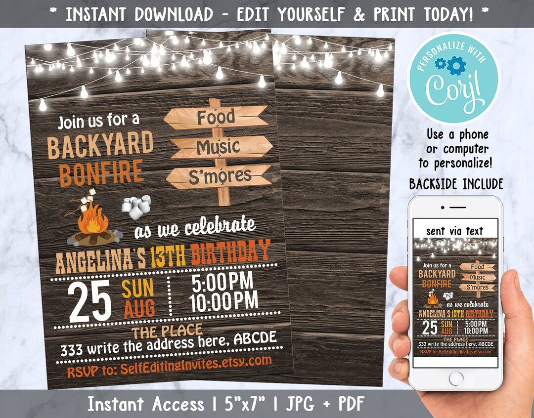 Editable Bonfire Invitation Bonfire Birthday Party - Etsy