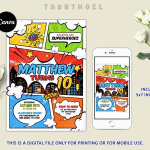 Editable Superhero Birthday Invitation, Comic Book Birthday Invitation ...