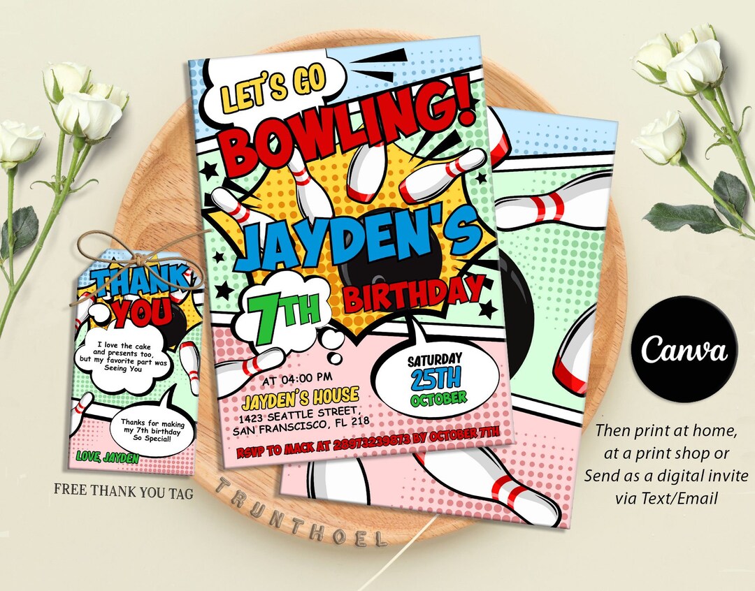 Bowling Birthday Party Invitation, Let's Go Bowling Party Invite, Glow ...
