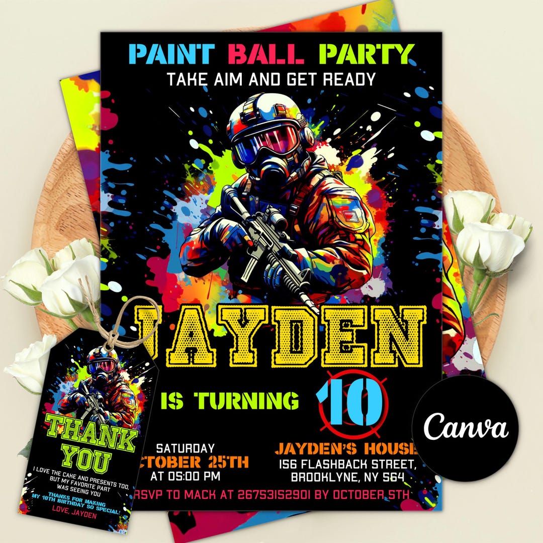 Editable Paintball Birthday Invitation, Paintball Party Invitation ...