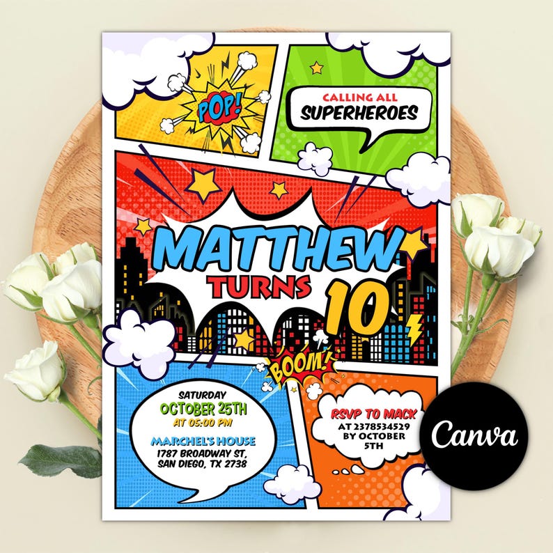 Editable Superhero Birthday Invitation, Comic Book Birthday Invitation ...