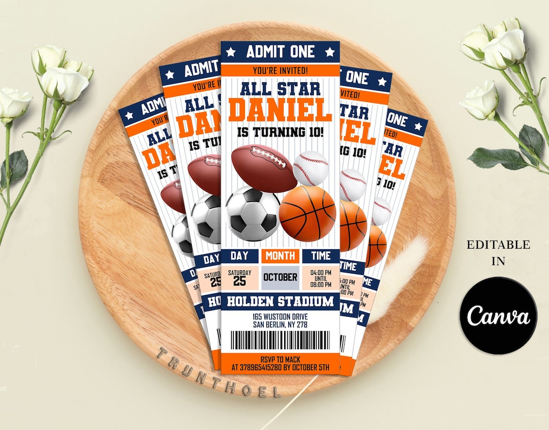 Sport Ticket Invitation, All Star Birthday Invitation, All Star Sport ...