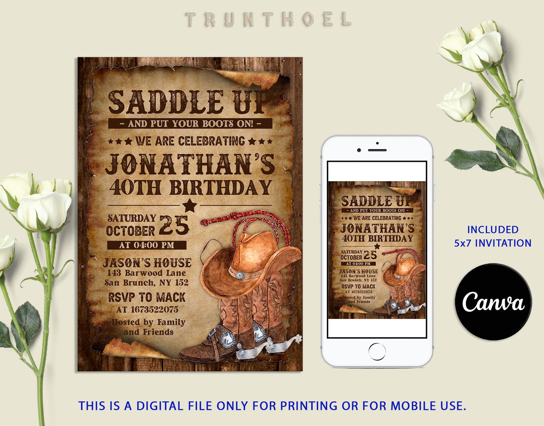 Counrty Western Invitation, Rustic Wood, Cowboy Hat and Lasso, Instant ...