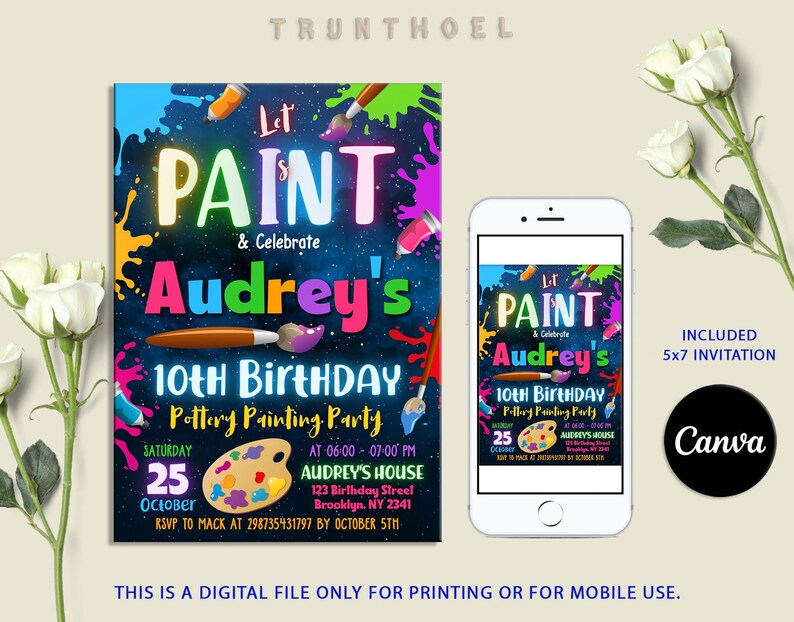 Rainbow Pottery Painting Birthday Invitation, Neon Party Invite, Neon ...