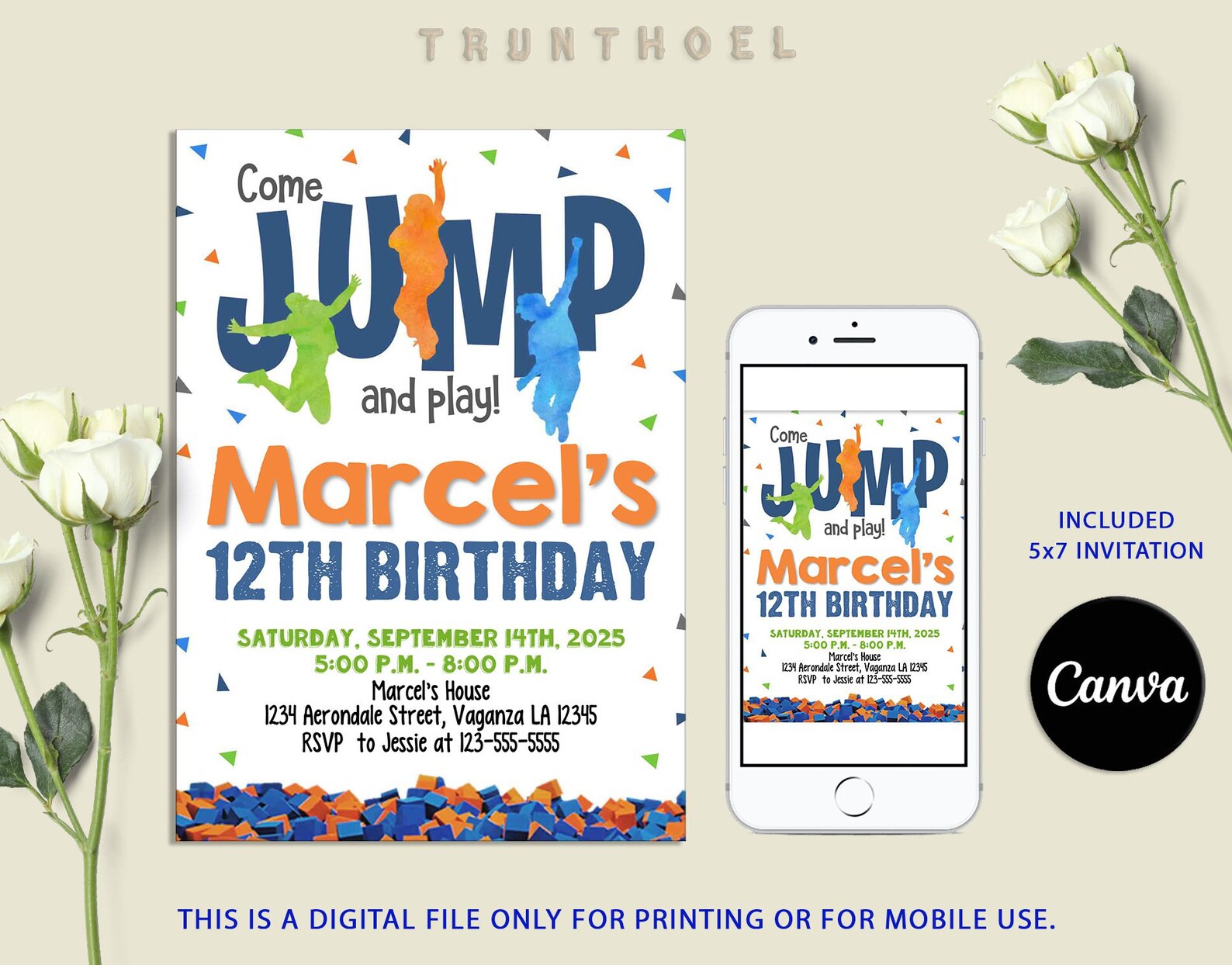 Trampoline Birthday Invitation, Jump Party, Canva Template (digital) - Etsy