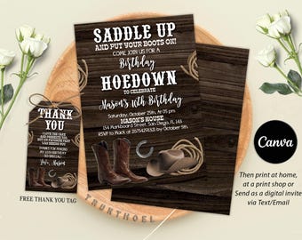 Western Hoedown Birthday Invitation, Cowboy Party Invitation, Saddle up and Put Your Boots On ...