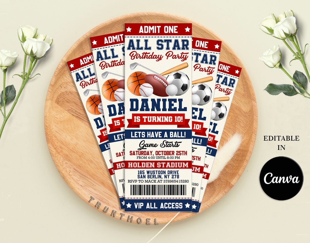 All Star Sports Ticket Invitation, Sports Birthday Party Invite, Sports ...
