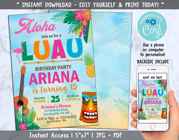 Luau Birthday Invitation Luau Party Invitation Tropical - Etsy