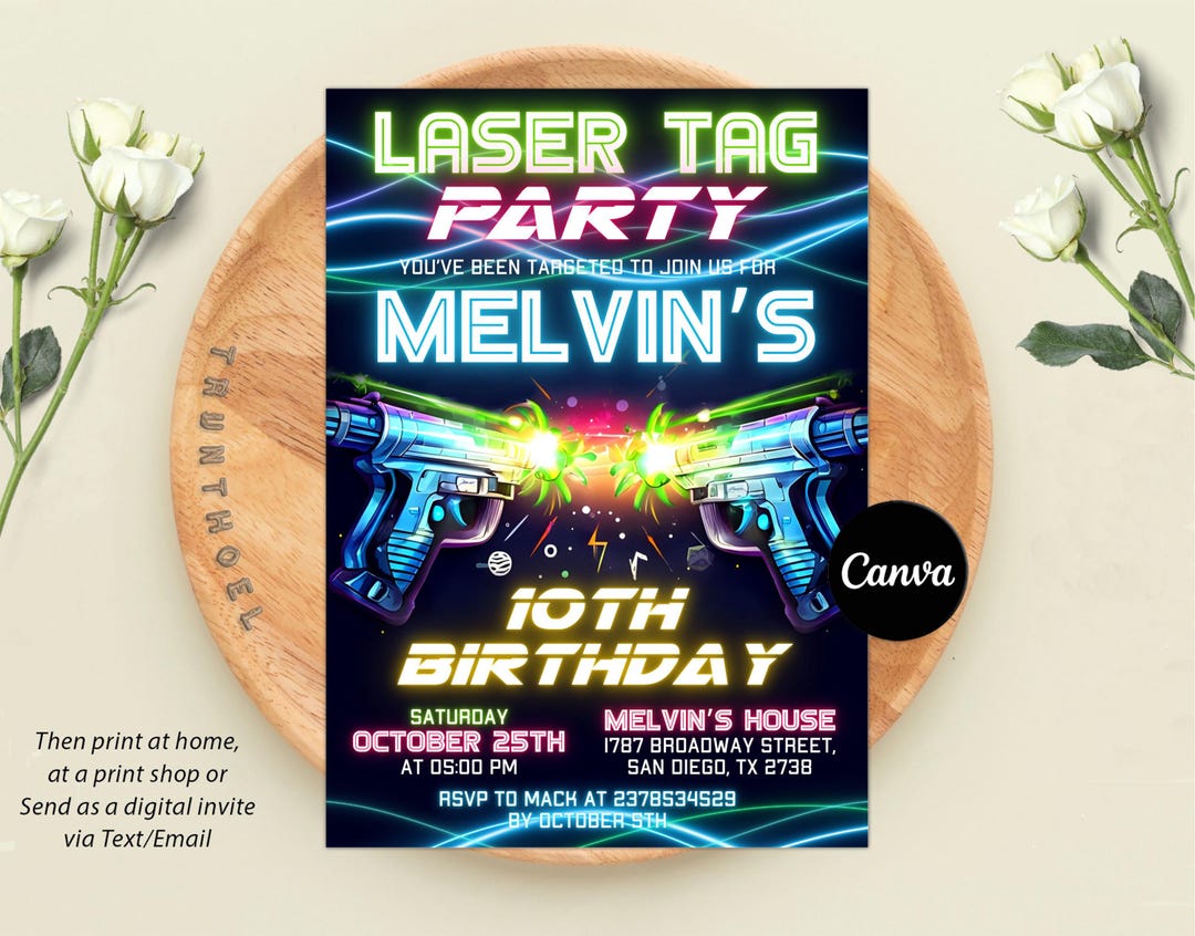 Laser Tag Birthday Invitation, Laser Tag Party Invites, Neon Birthday ...