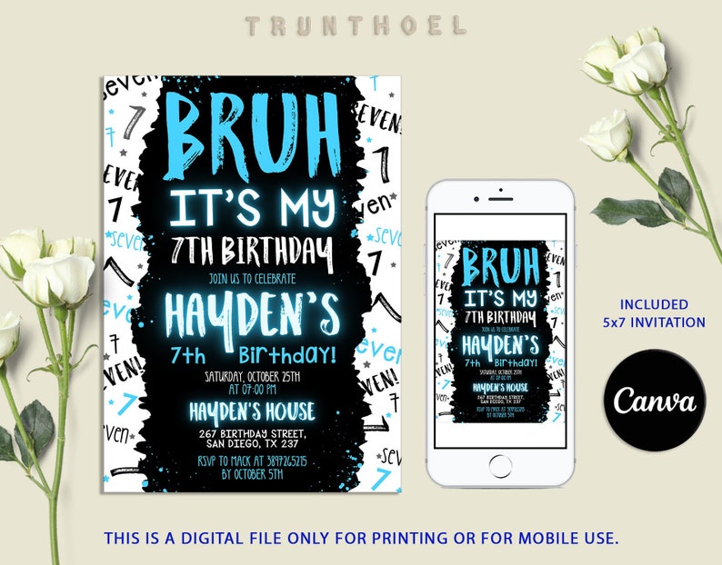 Boy 7th Birthday Invitation, Bruh Invitation, Bruh It's My Birthday ...