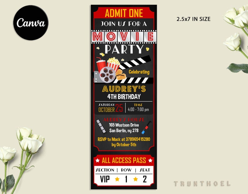Editable Movie Ticket Birthday Invitation, Movie Party Ticket, Movie ...