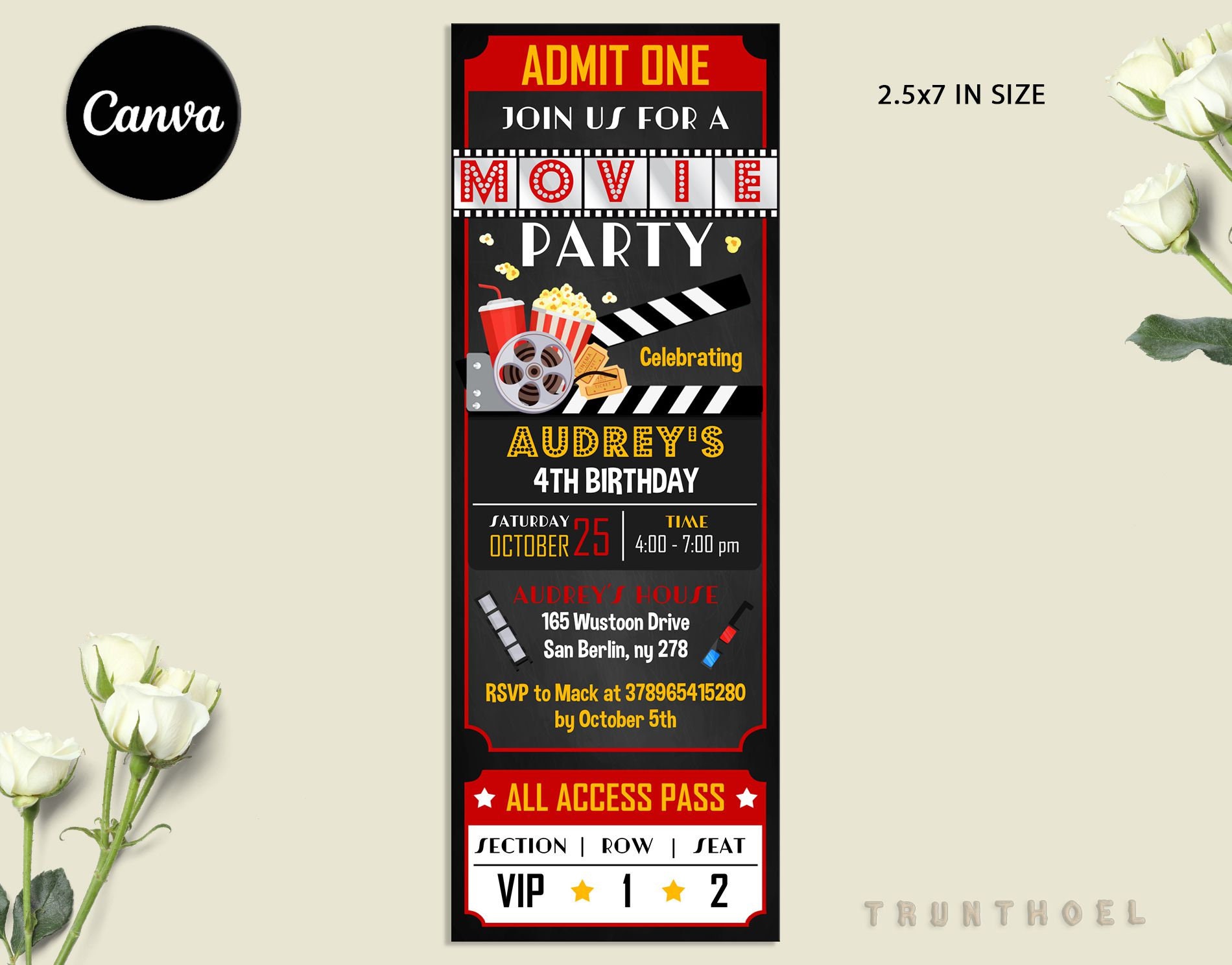 Editable Movie Ticket Birthday Invitation, Movie Party Ticket, Movie ...