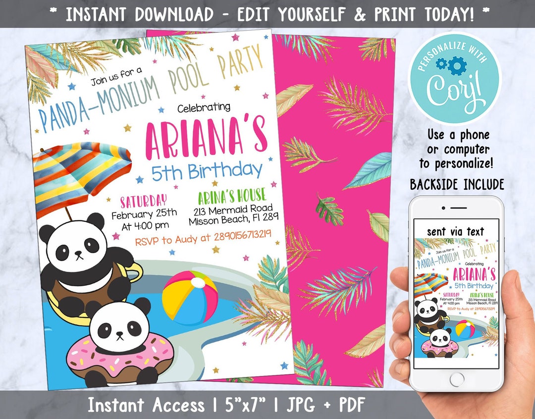 Panda Pool Party Invitation, Panda Pool Birthday Party Invitation, Pool ...