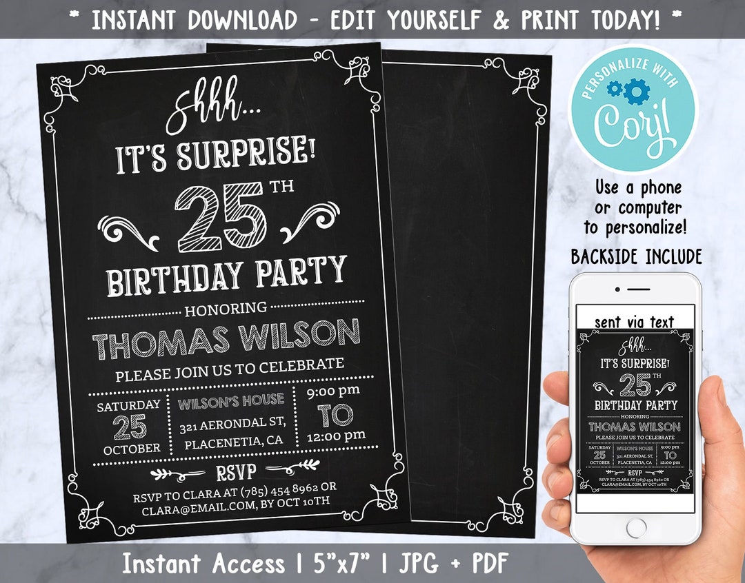Surprise 25TH Birthday Invitation Twenty Fifth Invite Party - Etsy