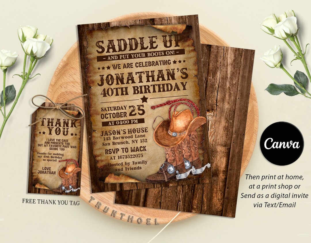 Counrty Western Invitation, Rustic Wood, Cowboy Hat and Lasso, Instant ...