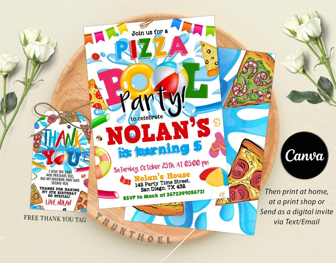 Pizza Pool Party Invitation, Pool Birthday Party Invite, Swimming Party ...