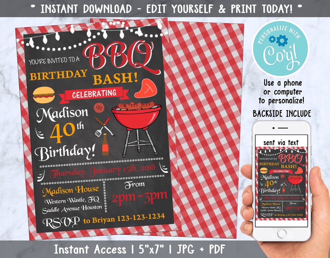BBQ Birthday Party Invitation, 40th Birthday Invitation, Backyard Bar-b ...