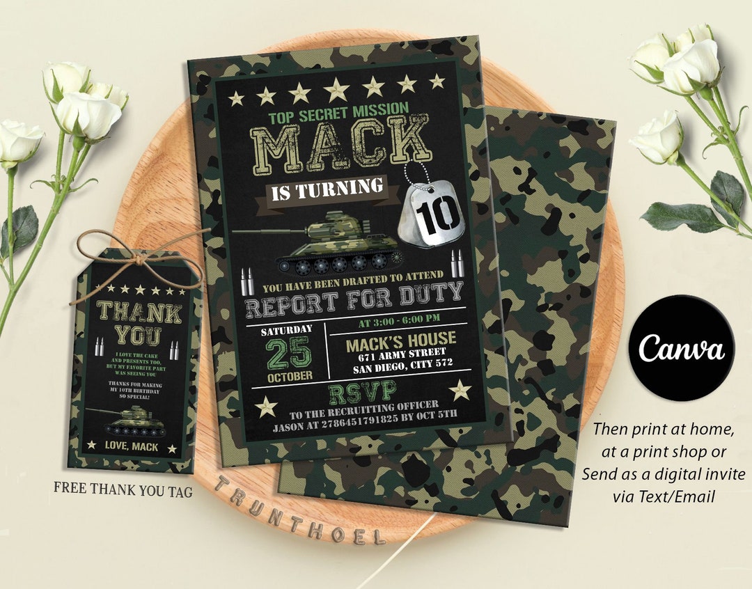 Editable Military Party Invitations, Army Birthday Invitation, Soldier ...