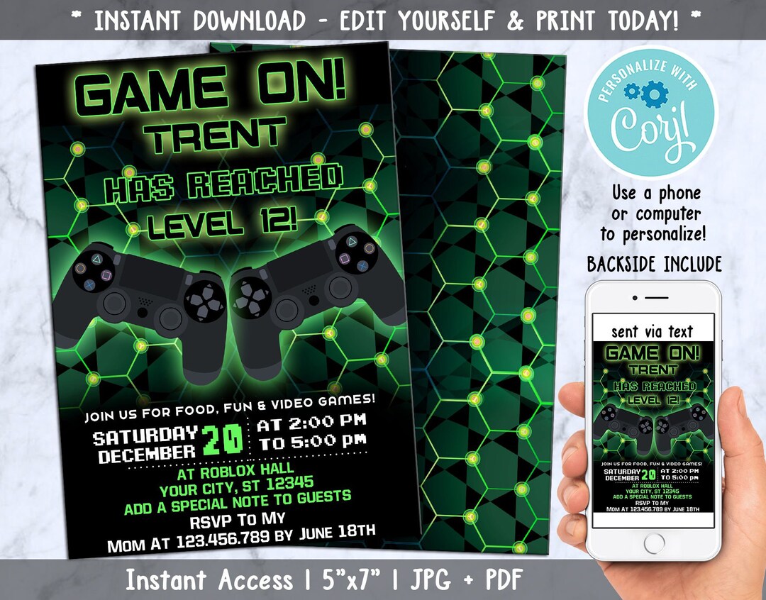 EDITABLE Video Game Party Invitation, Gamer Birthday Invite, Glow Neon ...