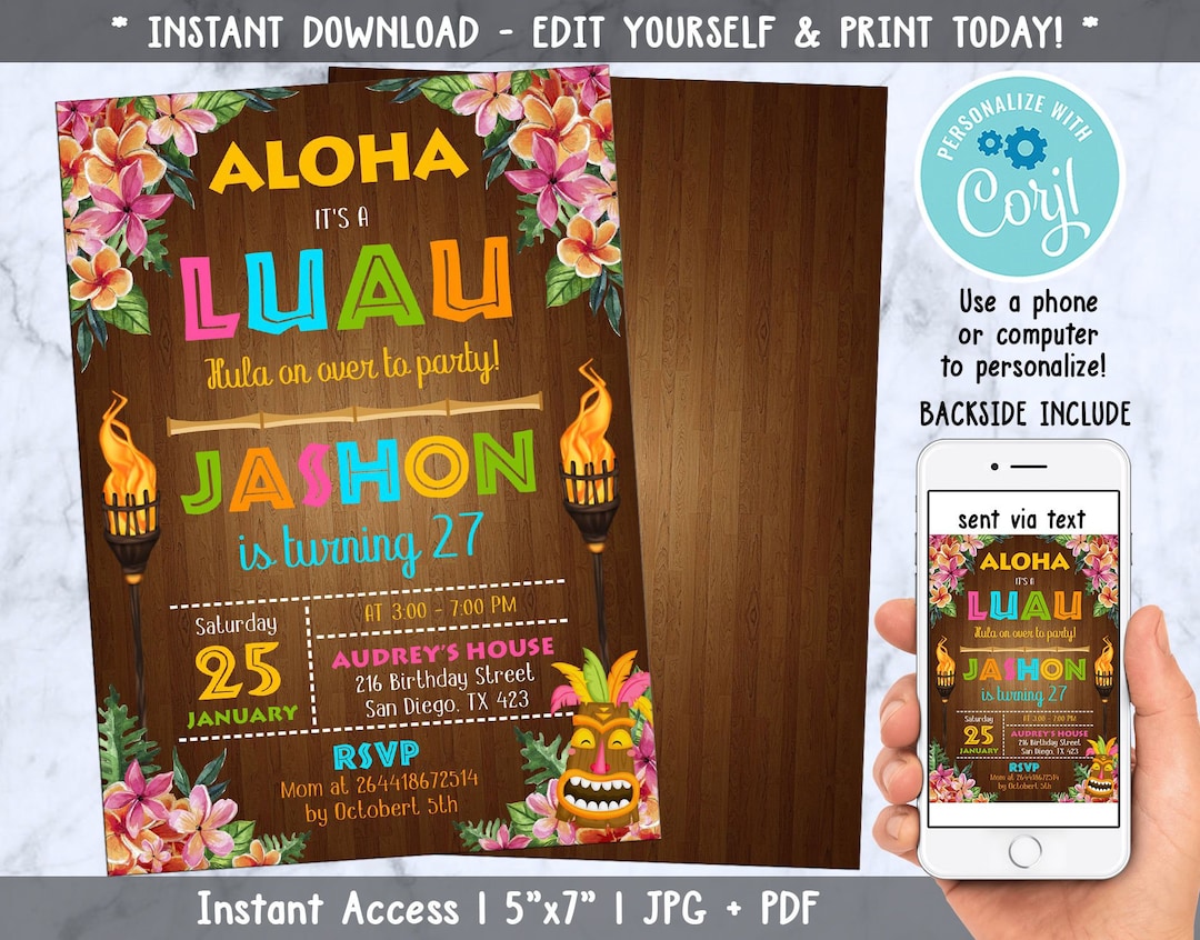 Luau Birthday Invitation, Luau Party Invitation, Luau Invitation ...