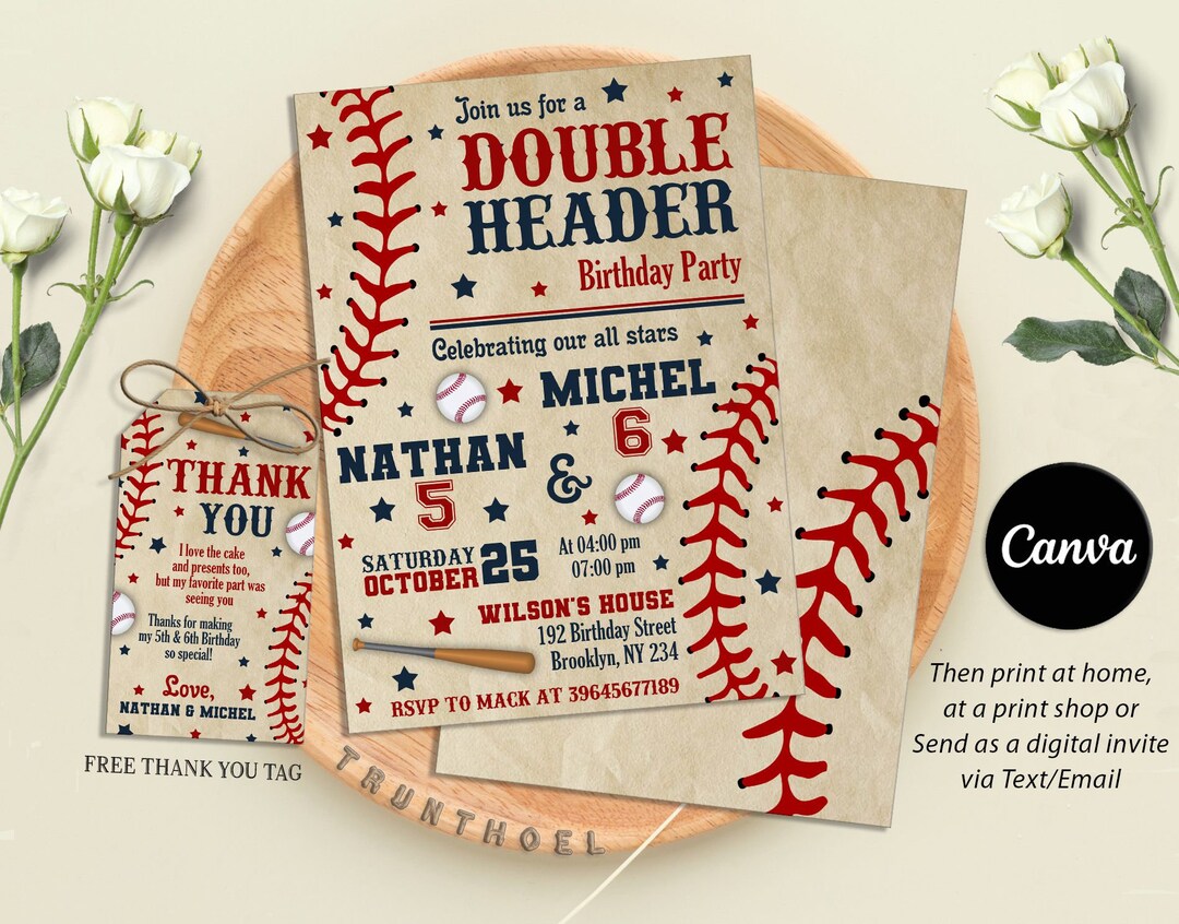 Baseball Birthday Party Invitation, Baseball Double Birthday Invitation ...