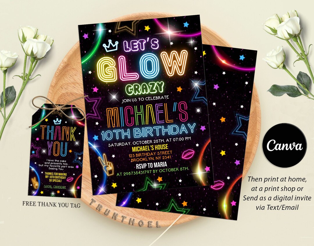 Editable Glow Party Birthday Invitation, Glow Gender Neutral Invites ...