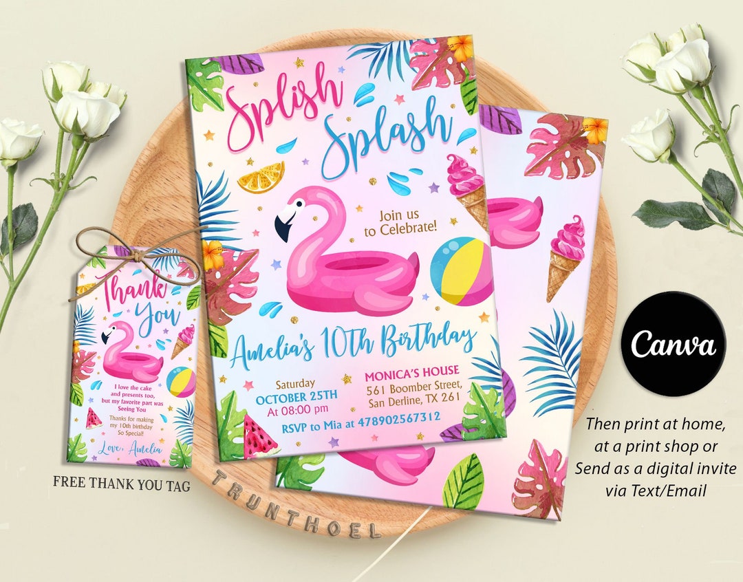 Flamingo Birthday Invitation, Splish Splash Birthday Invitation ...