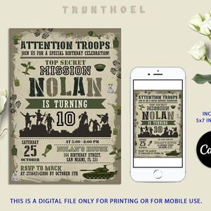 Military Theme Birthday Invitation, Camo Invite, Army Theme Invitation ...