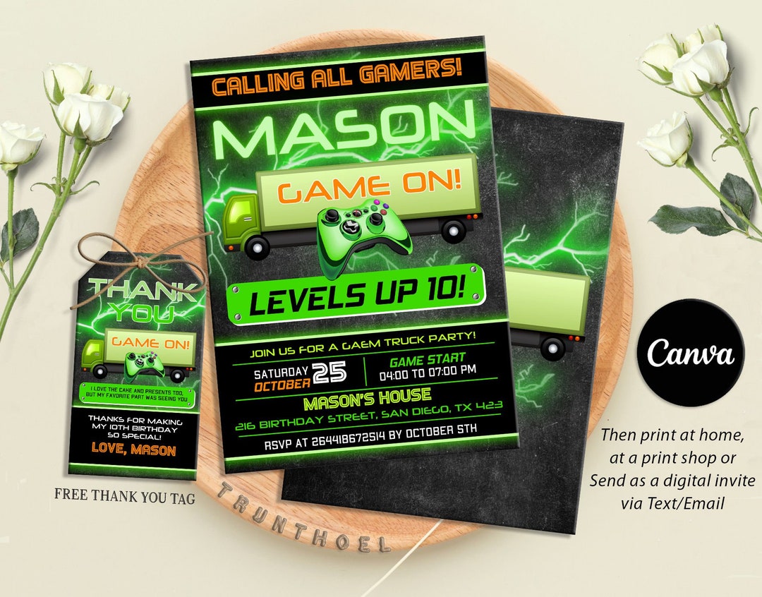 Editable Neon Game on Level up Gaming Birthday Party Invitation, Video ...
